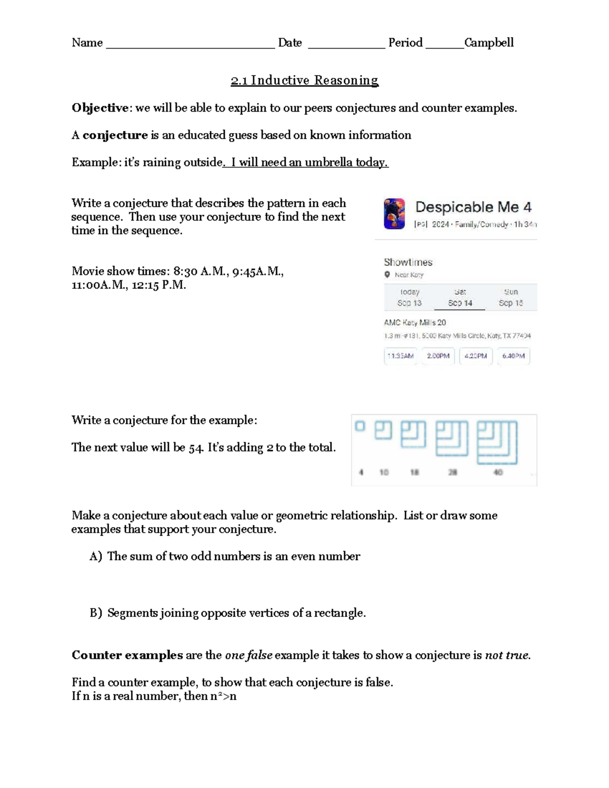 Inductive Reasoning: Conjectures & Counterexamples (Period 2.1) - Studocu