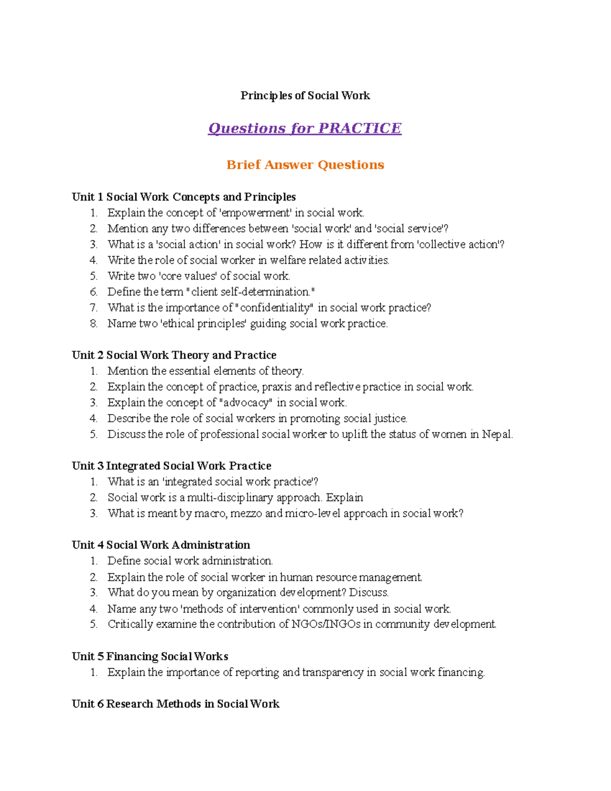 Social Work (Practice Questions) May 2023 - Principles of Social Work ...