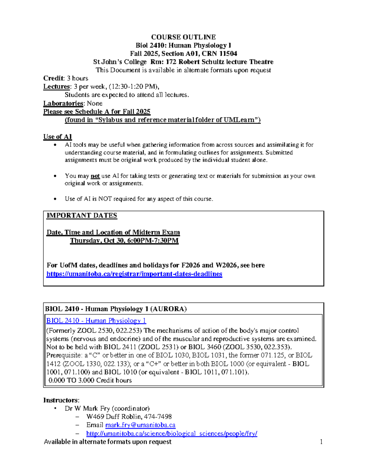 BIOL 2410: Human Physiology I Syllabus - Fall 2025 - Studocu