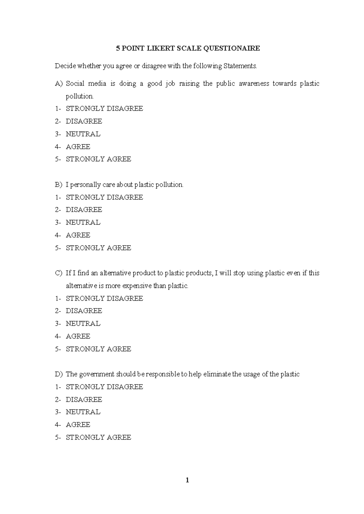 Likert Scale Questionnaire on Plastic Pollution Awareness - Studocu