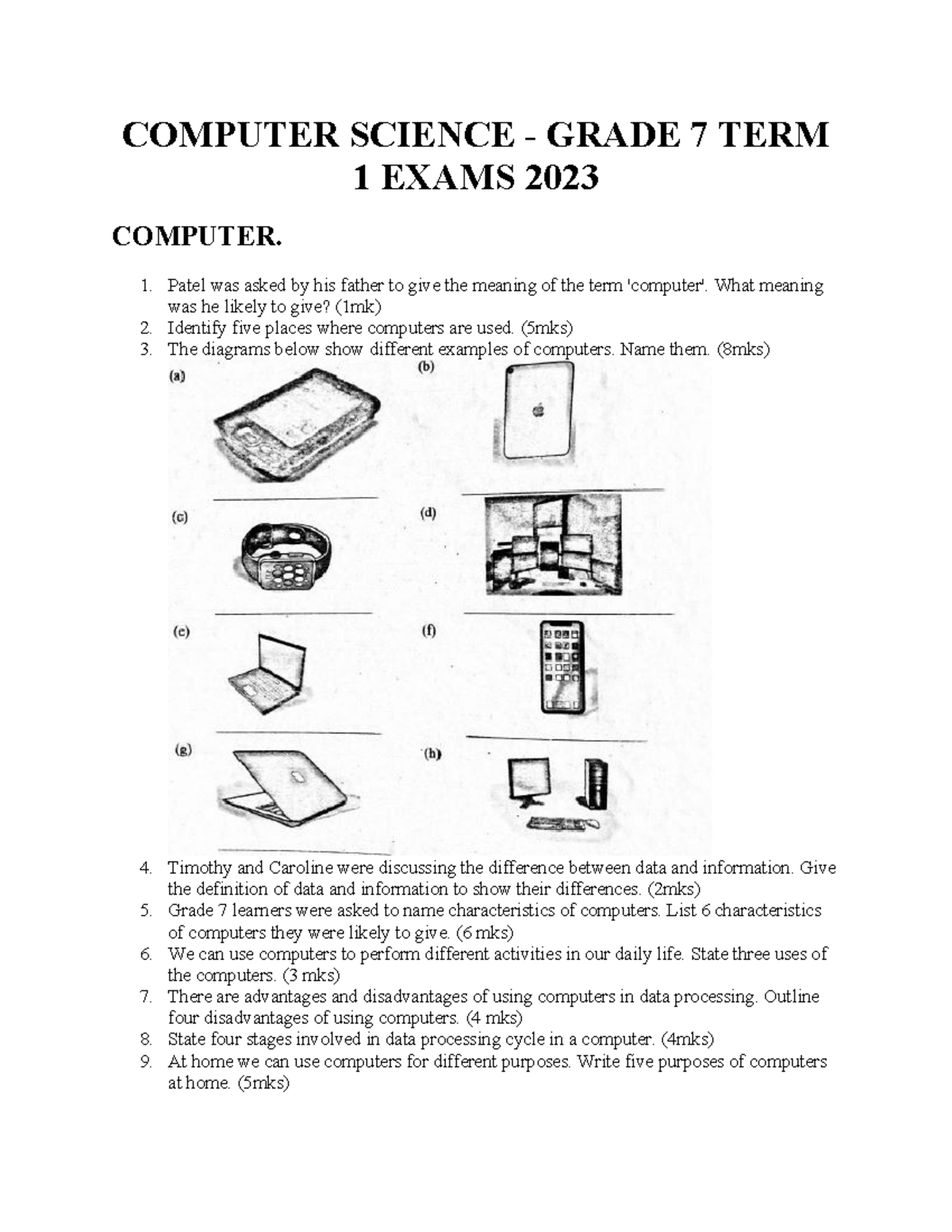 Computer Science Grade 7 - COMPUTER SCIENCE - GRADE 7 TERM 1 EXAMS 2023 ...