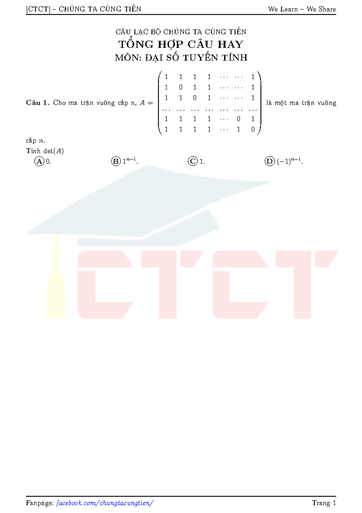 Tổng Hợp Câu Hỏi Môn ĐẠI SỐ TUYẾN TÍNH - CTCT DSTT DE QUAY - Studocu