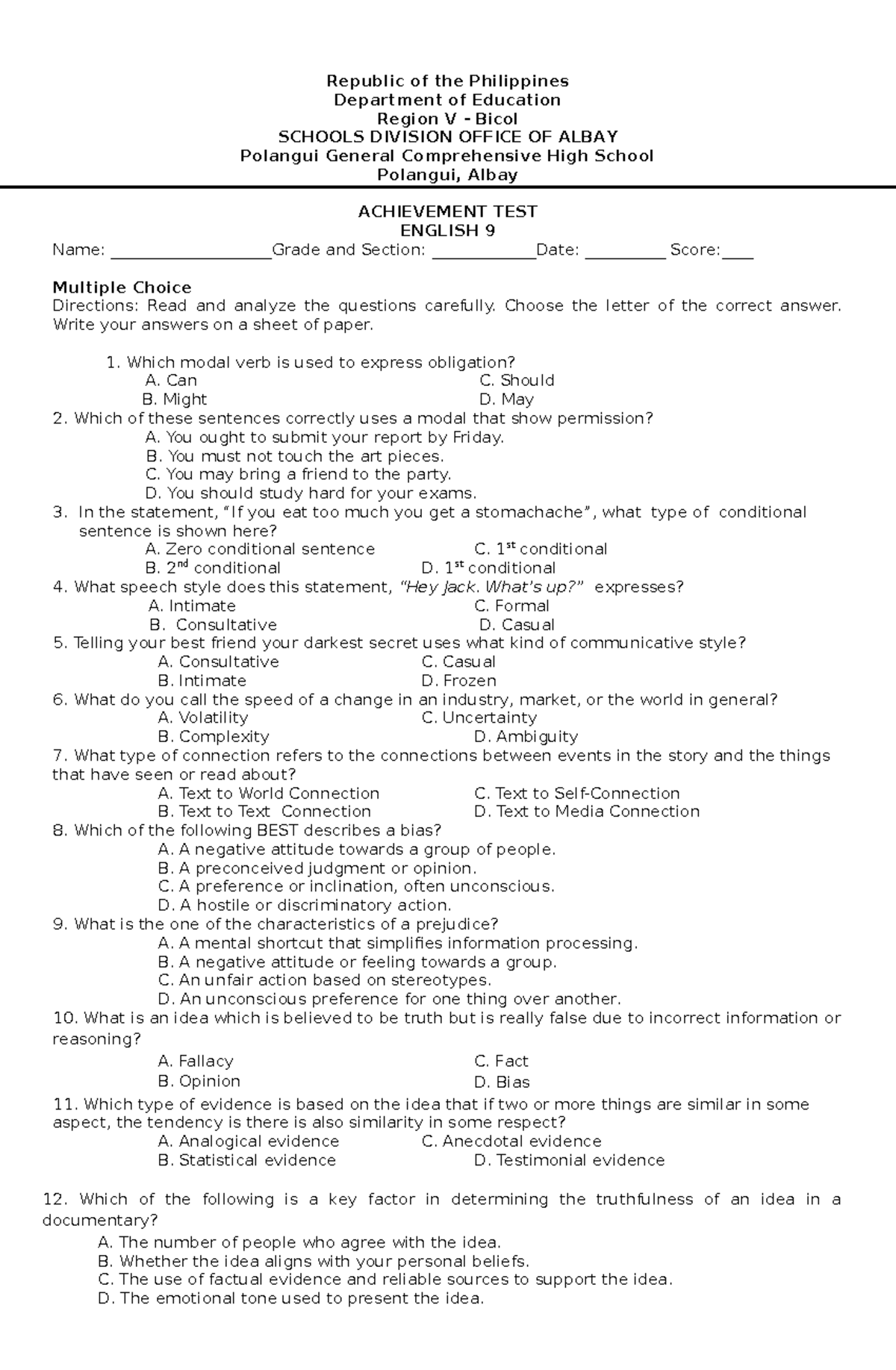 Final Assessment for GR.9 English Achievement Test - Studocu