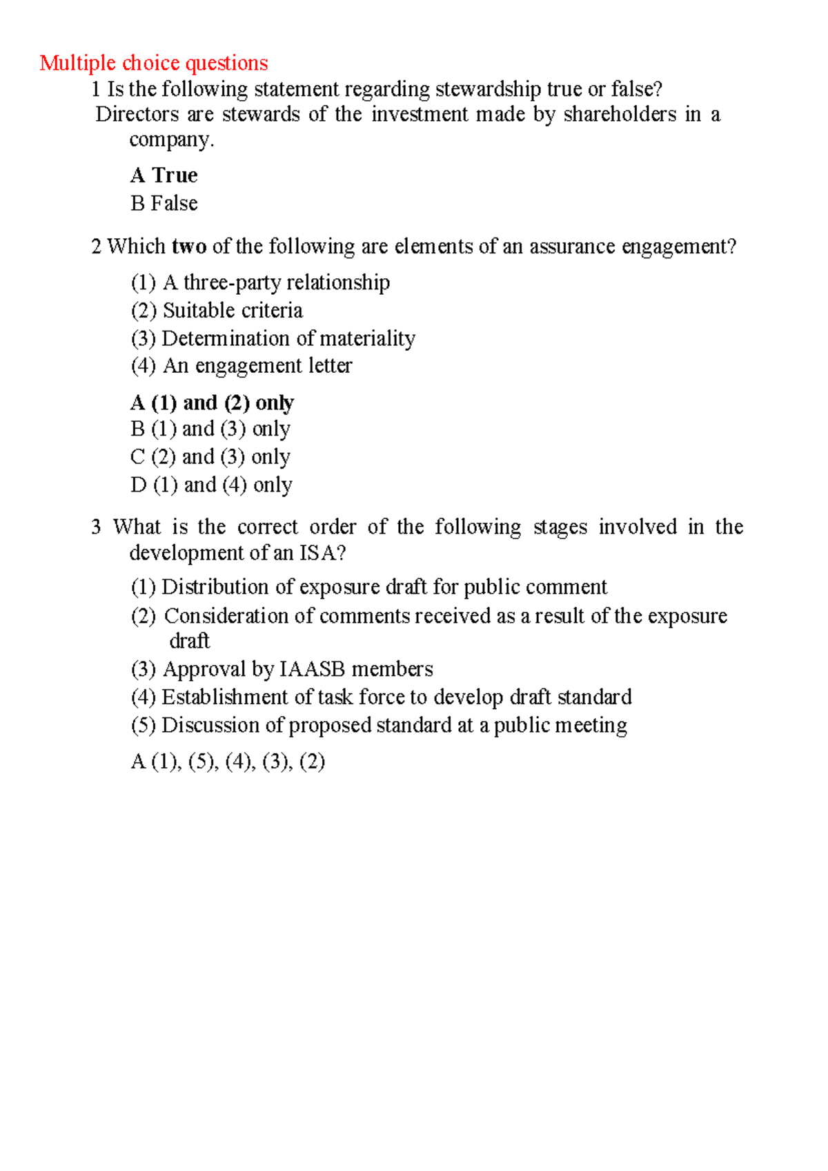 ACCA 101: Multiple Choice Questions on Audit and Assurance Concepts ...