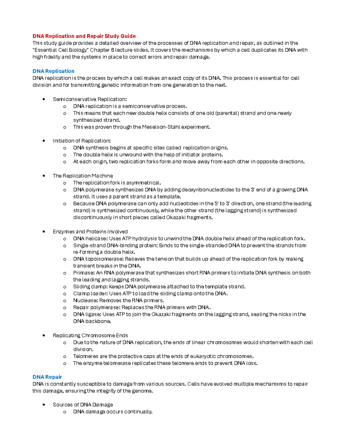 DNA Replication and Repair Study Guide for Essential Cell Biology (CB ...