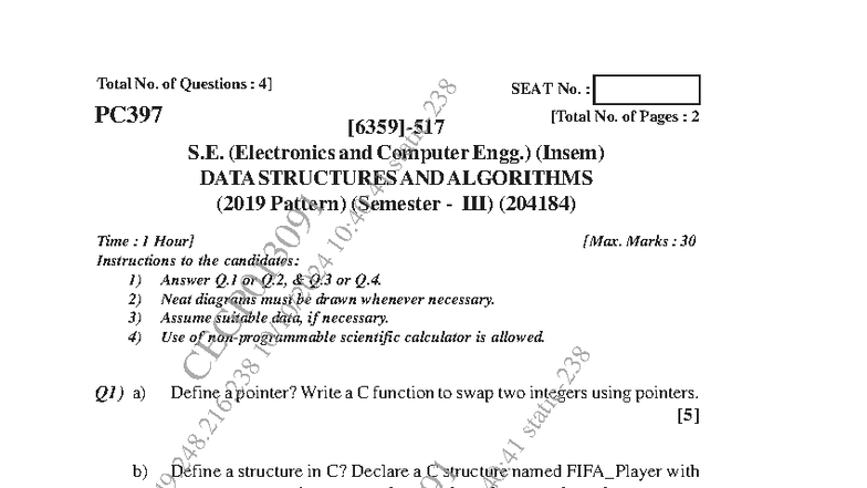 PC397 Insem Exam: Data Structures & Algorithms QP (Sept 2024) - Studocu