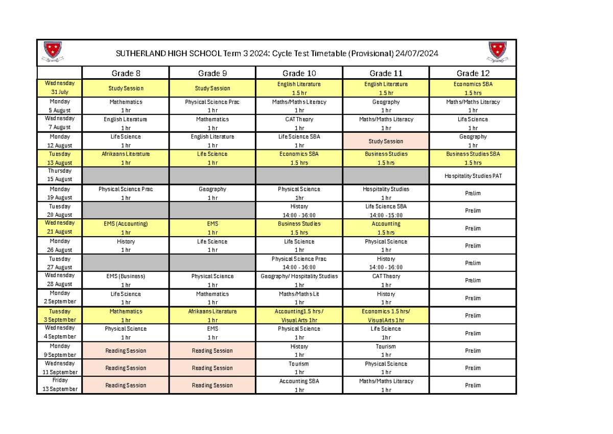 Provisional Term 3 2024 Cycle Test Timetable - Updated 24 July - Studocu