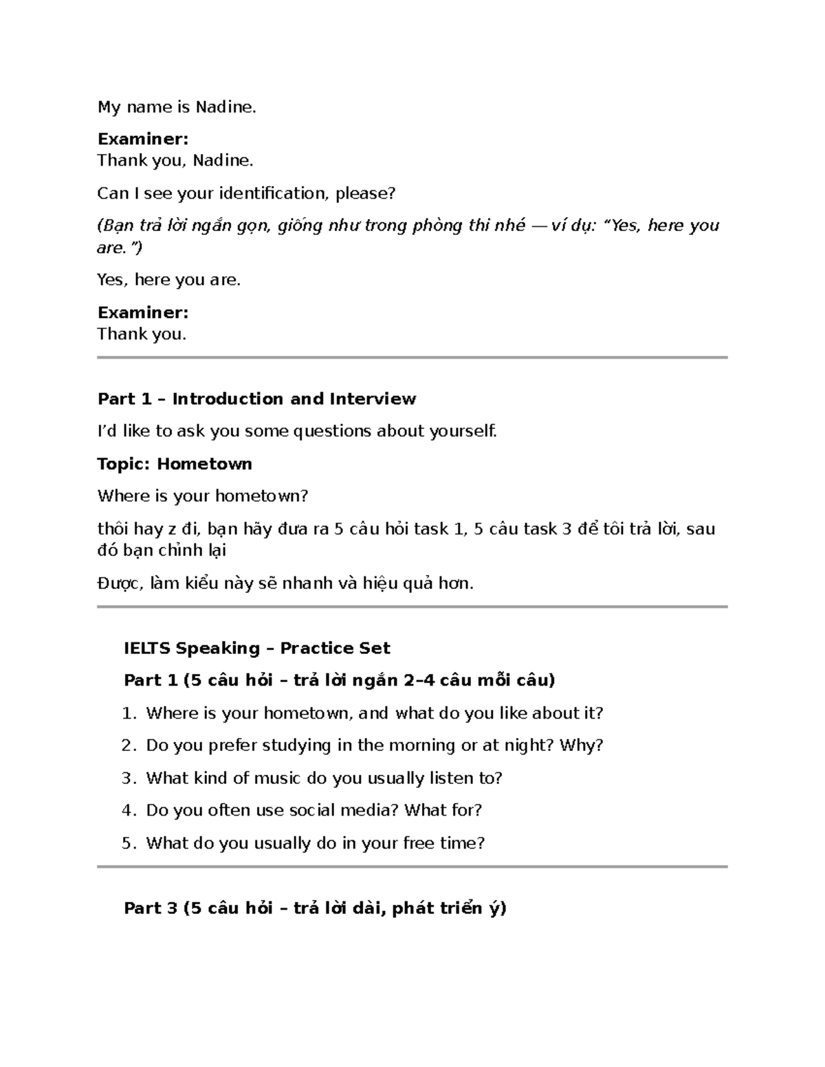 IELTS Speaking Practice Set: Part 1 & Part 3 Questions - Studocu