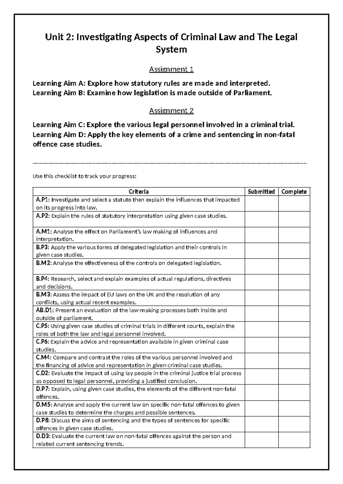 Unit 2 Assignment Brief: Criminal Law & Legal Personnel Insights 2023 ...