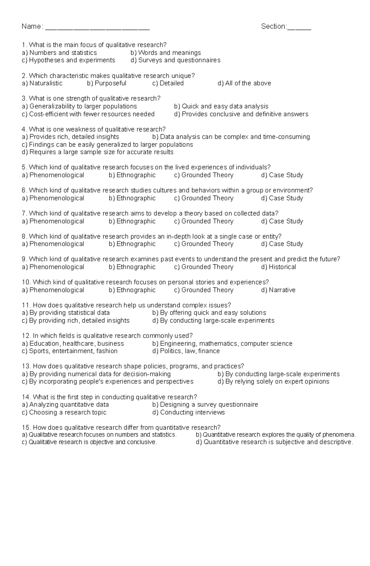 Grade 11 - Quiz on Qualitative Research Concepts - Studocu