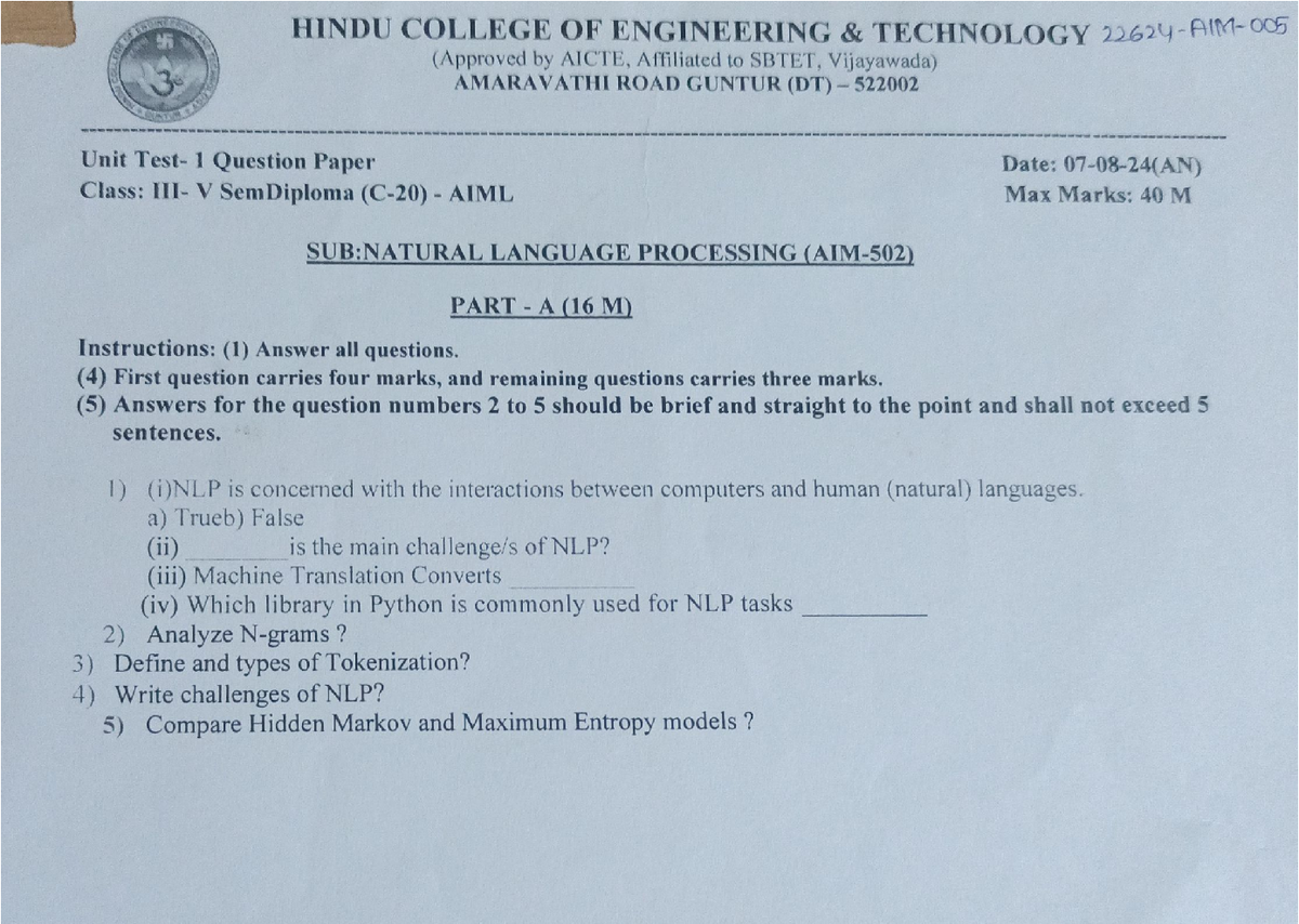 AIM-502 Final Exam Question Paper: Natural Language Processing - Studocu