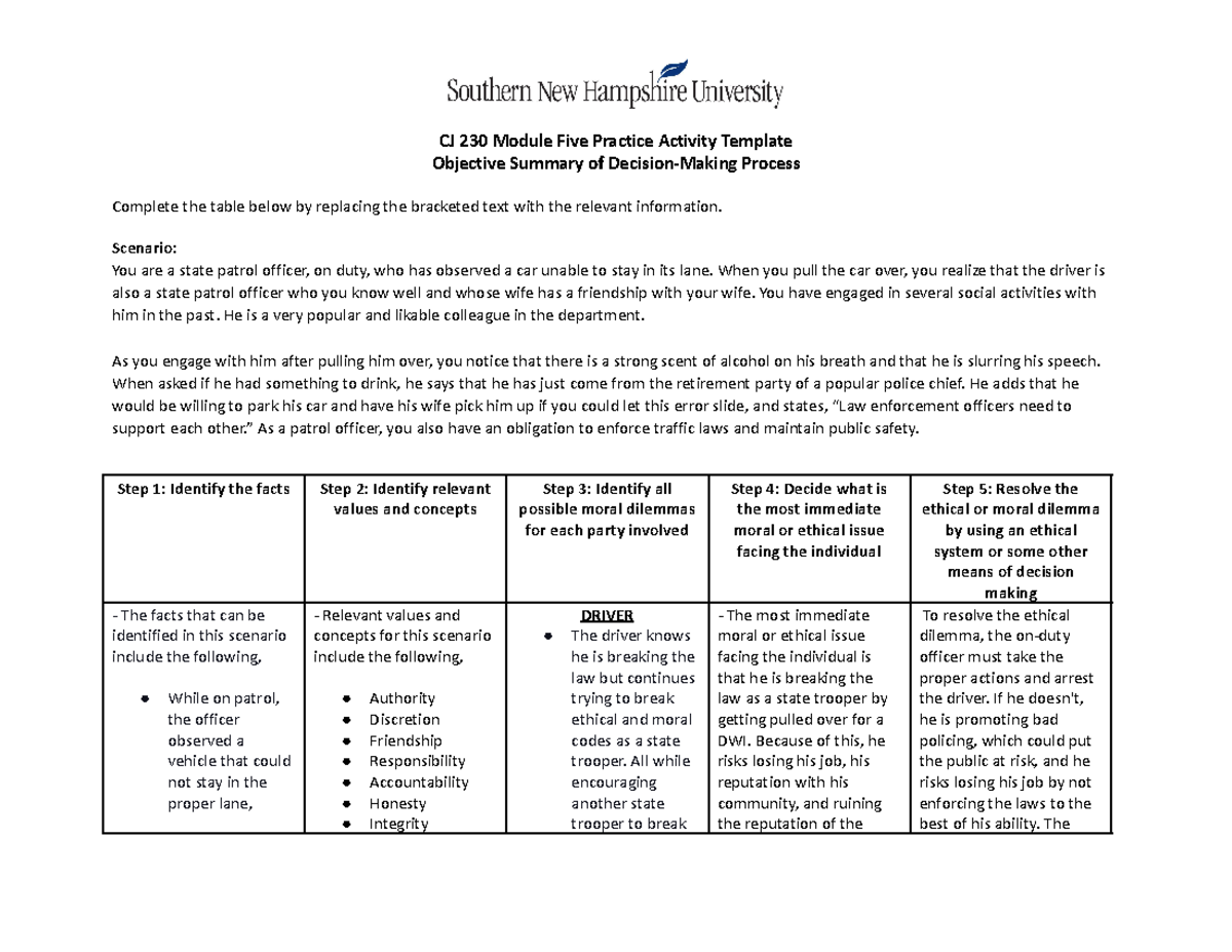 CJ 230 Module Five Ethical Decision-Making Activity Template - Studocu