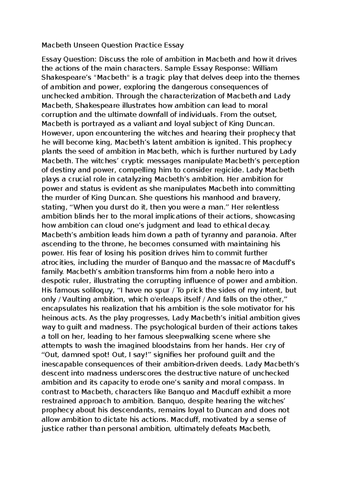 Macbeth 101: Unseen Question Practice Essay on Ambition - Studocu