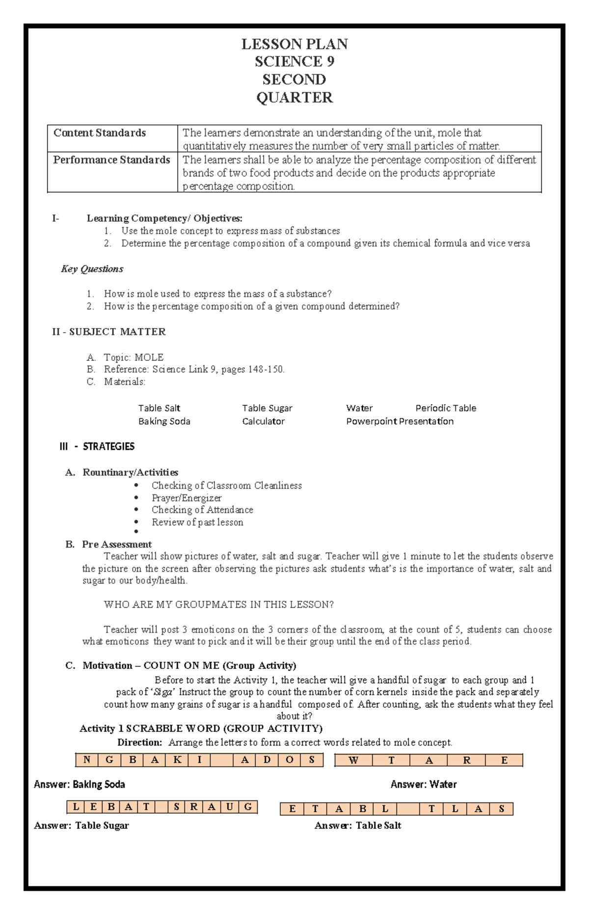 Science 9 Lesson Plan: Mole Concept & Percentage Composition - 2nd Qtr ...