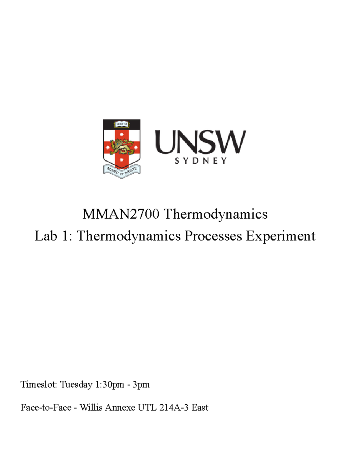 MMAN2700 Thermodynamics Lab 1 Report - MMAN2700 Thermodynamics Lab 1 ...