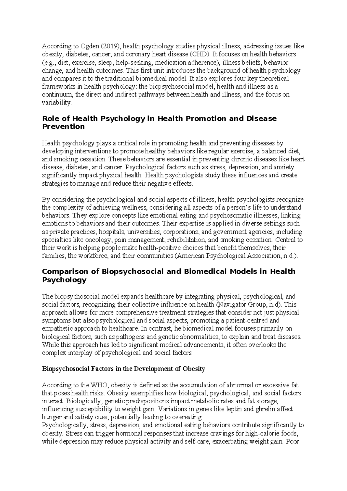 Discussion Forum Unit 1 - Overview of Health Psychology Principles ...