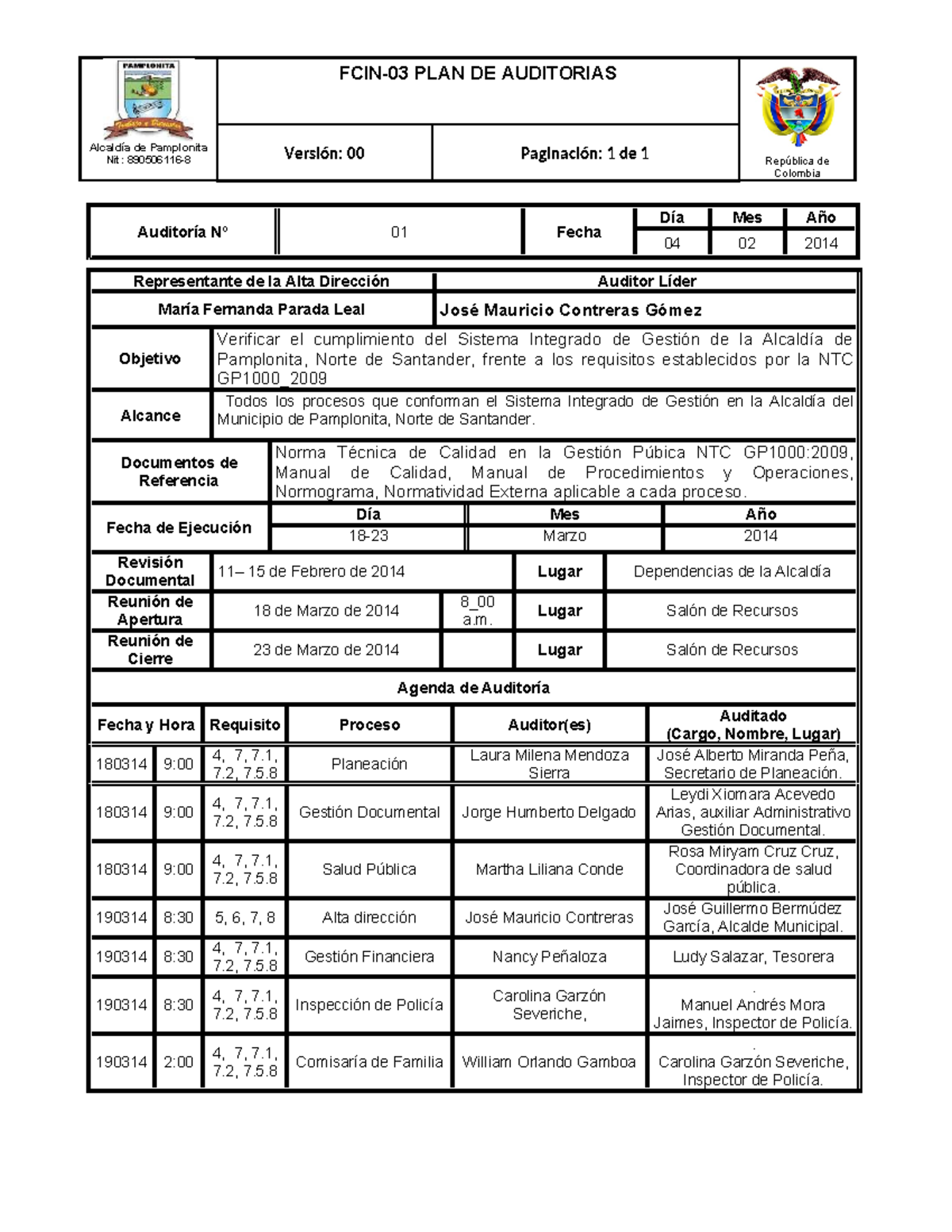 FCIN-03 PLAN DE Auditoría Primer Ciclo DE Auditorias 2014 - Alcaldía de ...