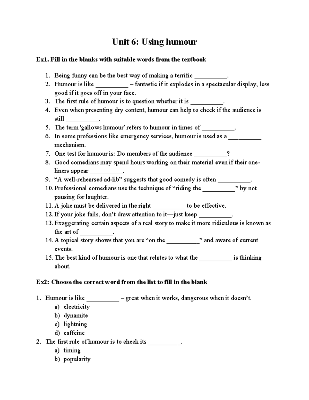 Unit 6: Using Humour Practice Exercises - Studocu