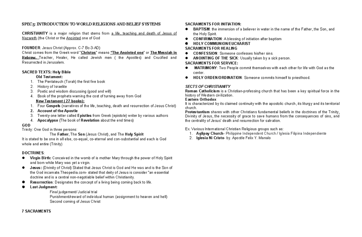 SPEC 5: World Religions Overview - Christianity & Islam Review - Studocu