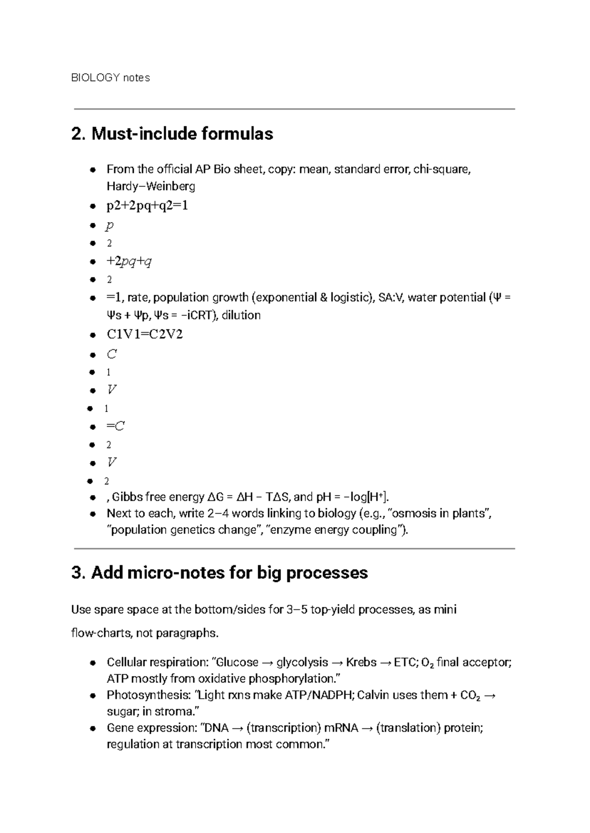 AP Biology Notes 2: Key Formulas and Concepts for Exam Prep - Studocu