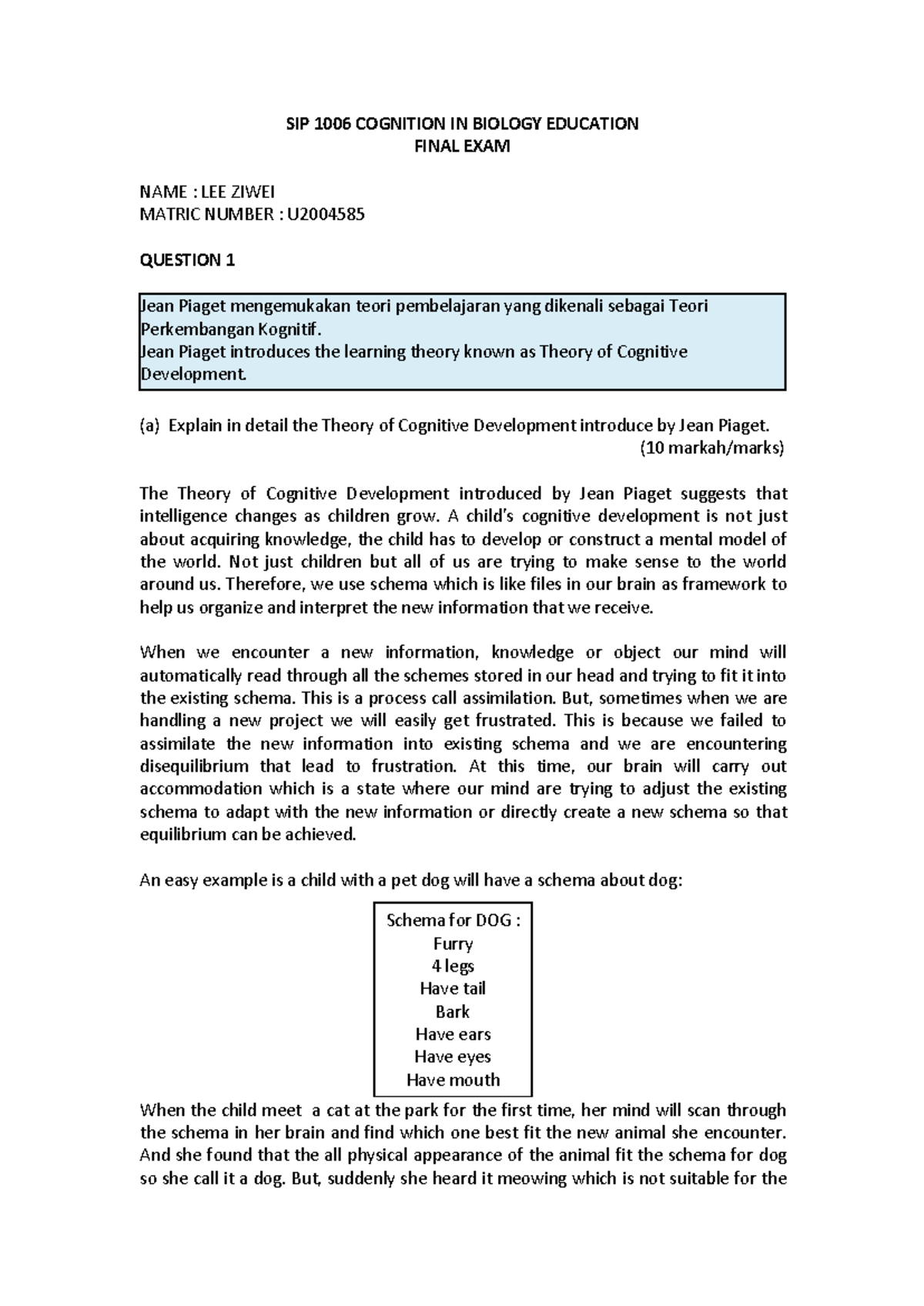 SIP 1006 Final Exam - Understanding Piaget's Cognitive Development ...