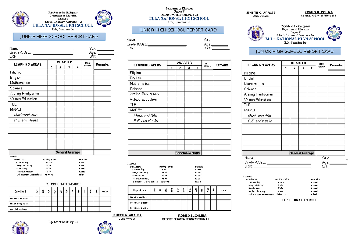 BULA NATIONAL HIGH SCHOOL Junior High School Report Card F138 - Studocu