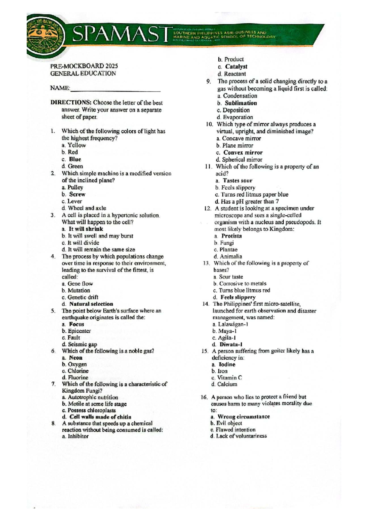 SPAMAST GEN ED Review Answer Key for 2025 Exam - Studocu
