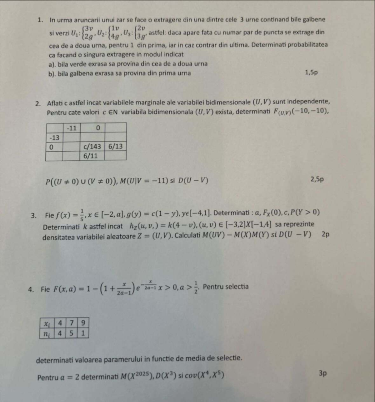 Examen la Probabilităţi şi Statistică Matematică PSM 3 - Februarie 2025 ...