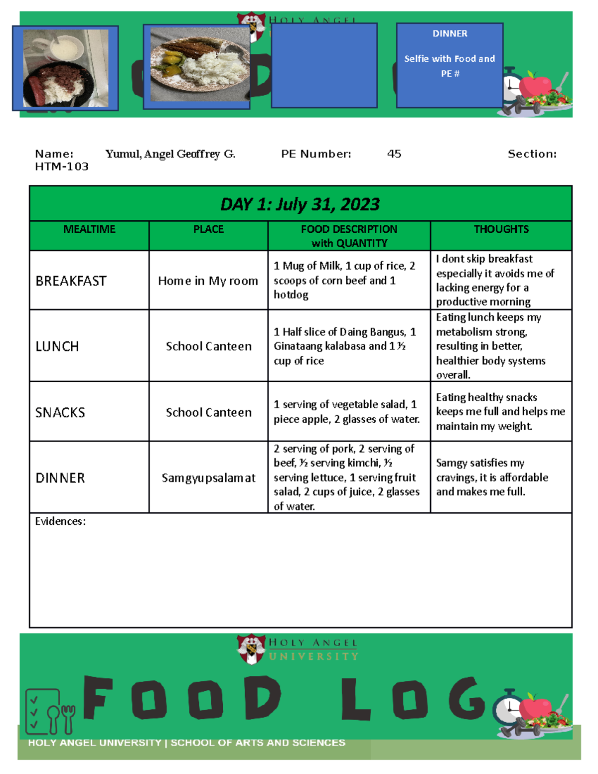 PE1 Food Log Sample: Daily Meals & Reflections (A, 28129) - Studocu