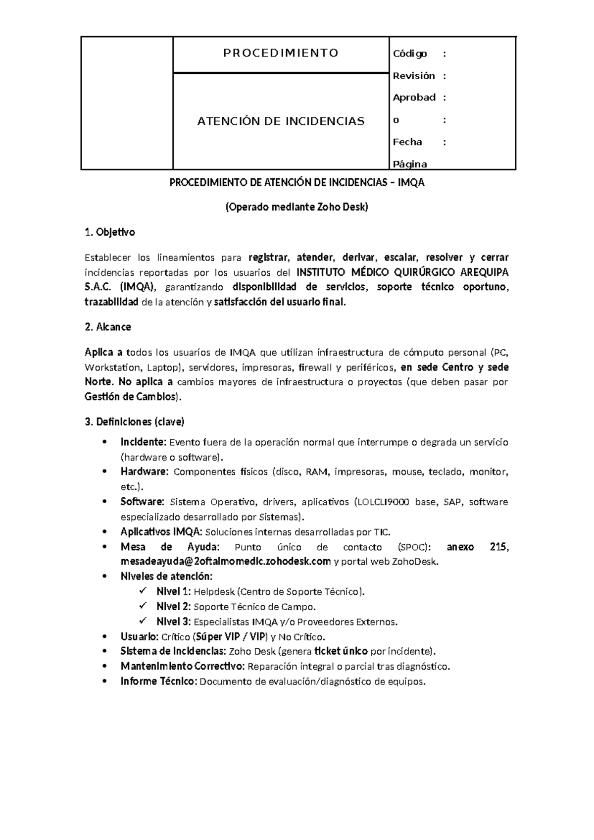 Procedimiento de Atención de Incidencias IMQA - Zoho Desk - Studocu