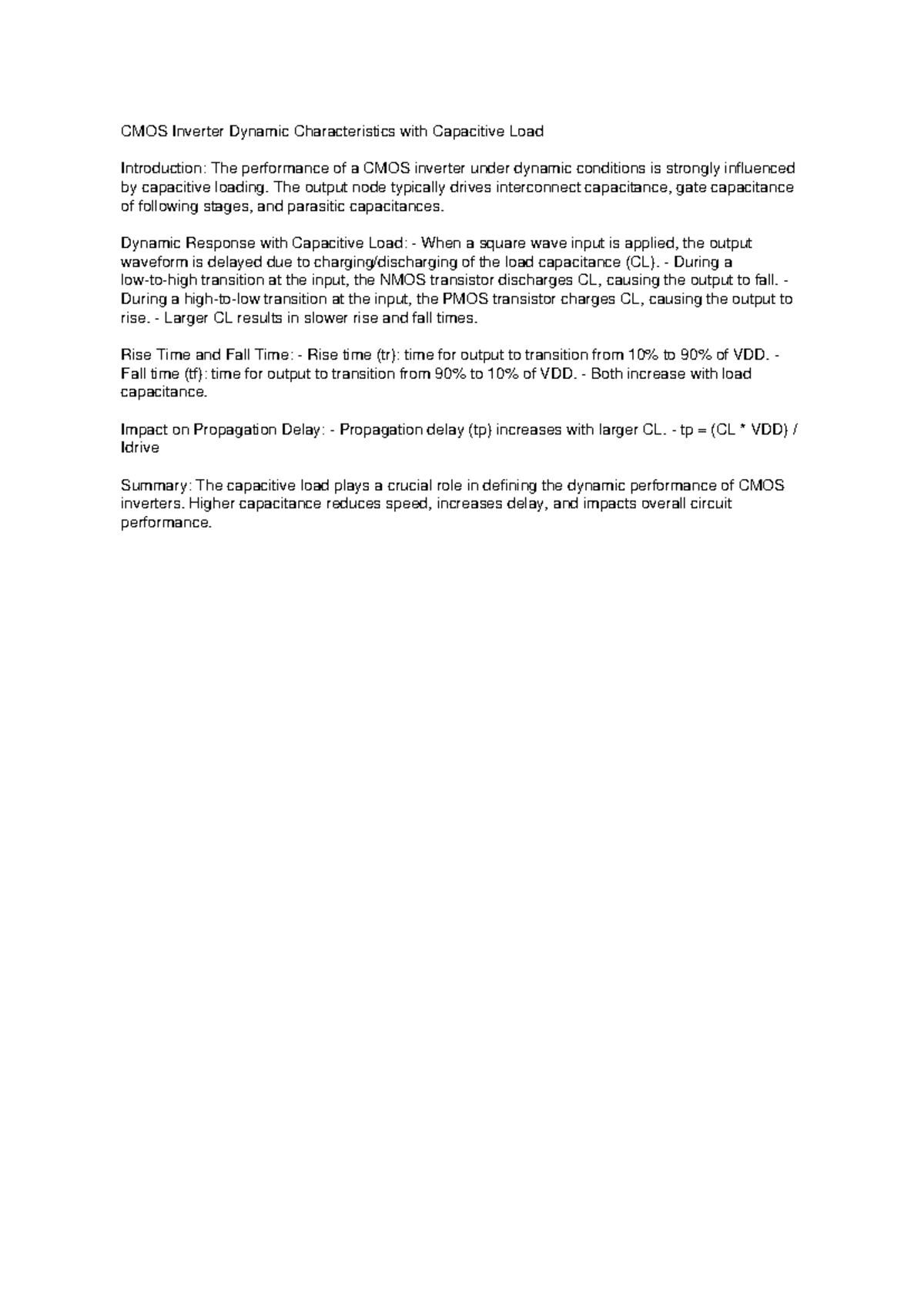 CMOS Inverter Dynamic Characteristics with Capacitive Load Analysis ...