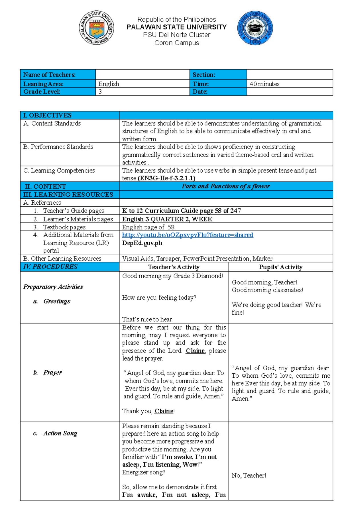 English 3 Detailed Lesson Plan: Verbs in Simple Present & Past Tense ...