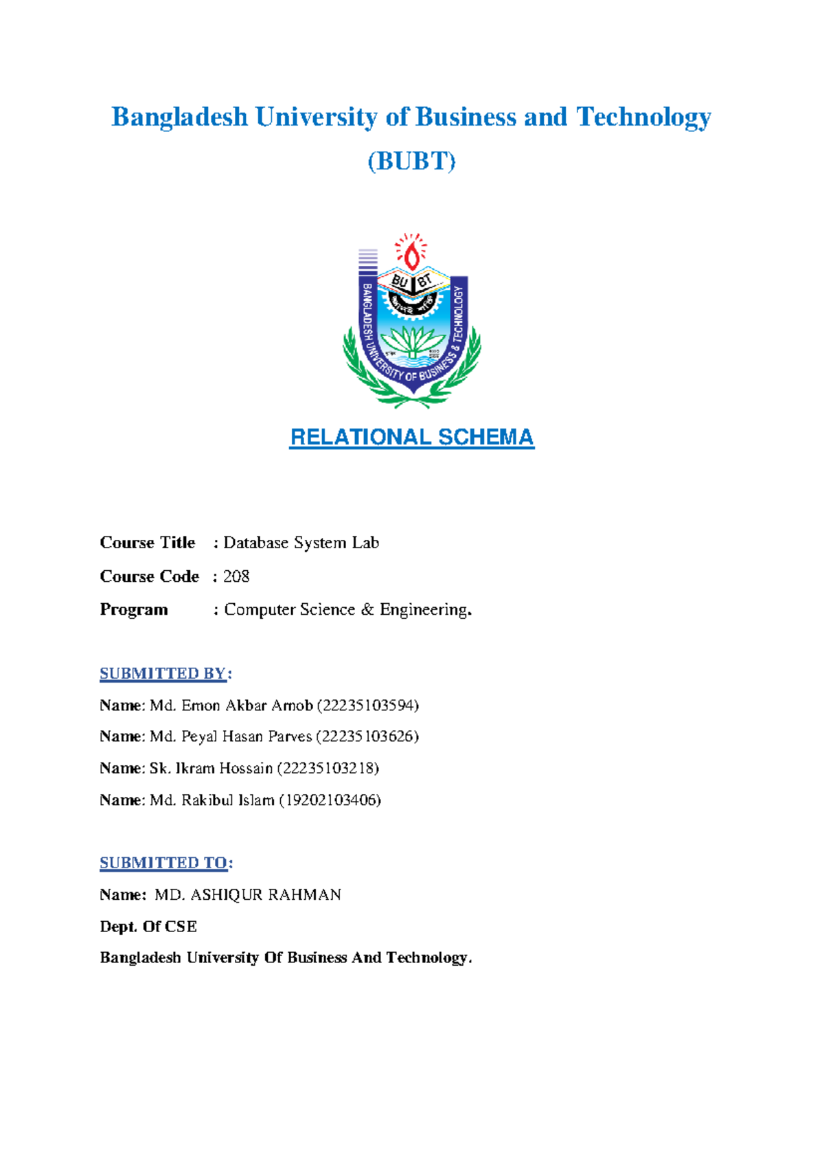 Bubt Assignment Cover Template 1 - Bangladesh University of Business ...