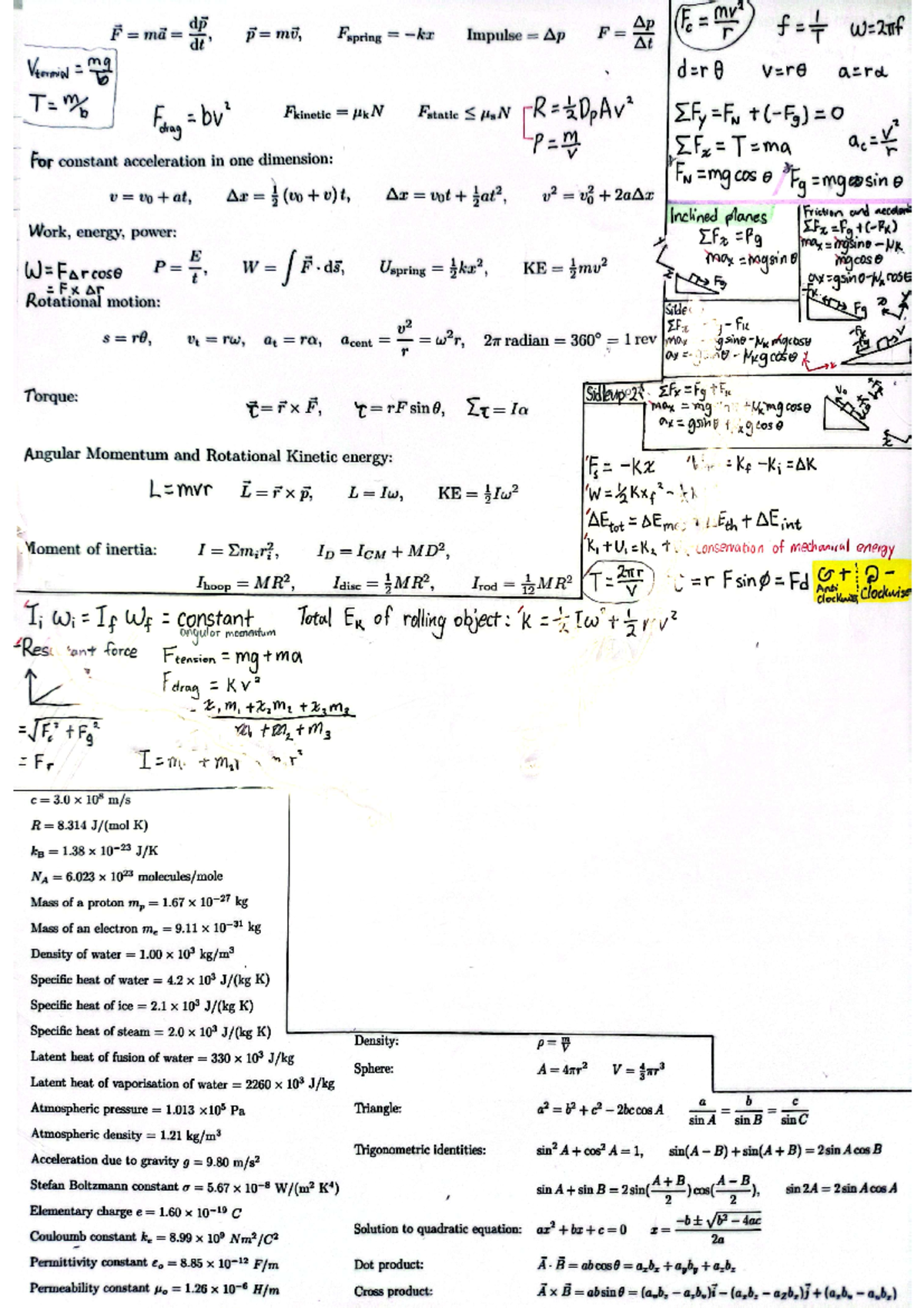 PHYS101 formula sheet - Fdeg Fkinetic 14kN Fstatic SH For constant ...
