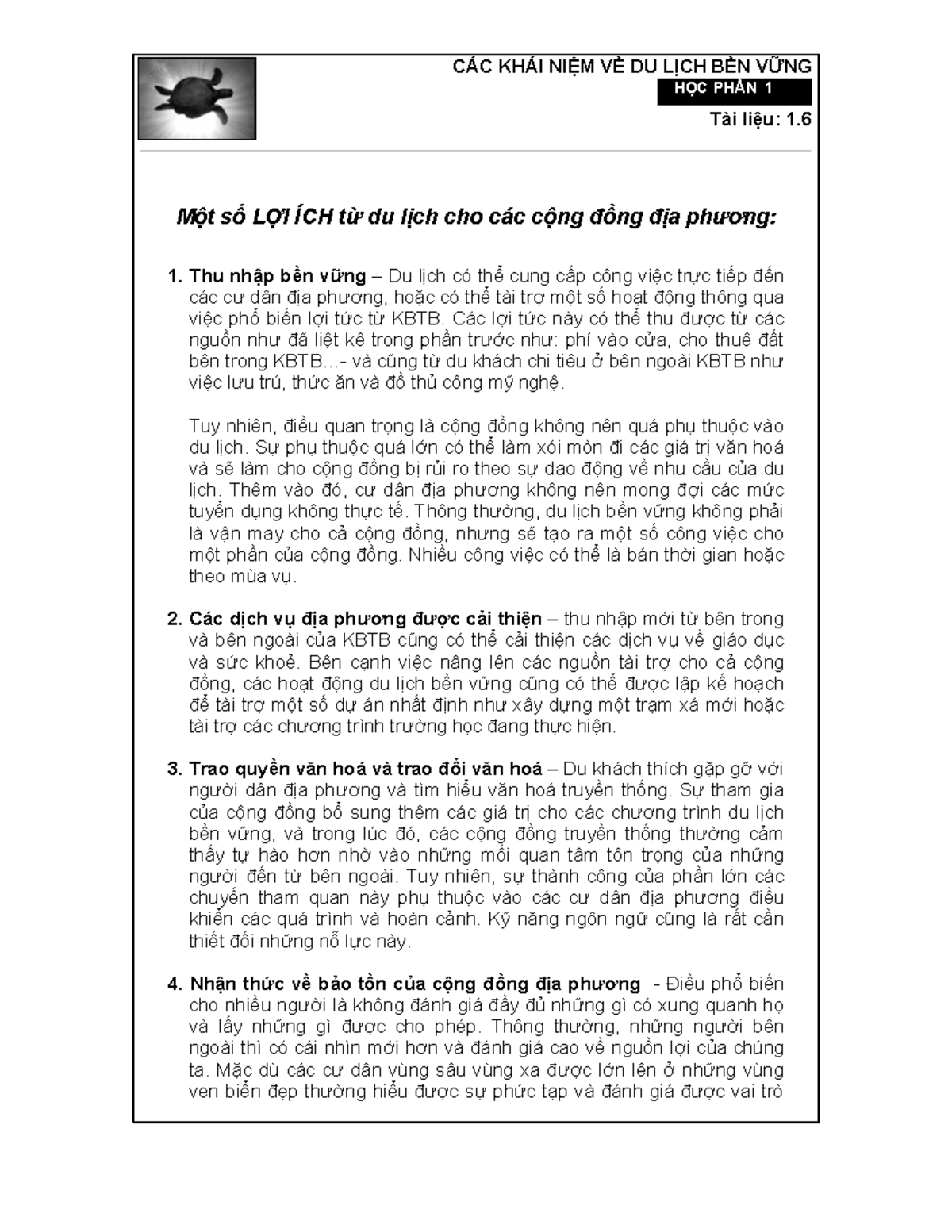 Benefits and threats viet - C¡C KH¡I NI M V DU L CH B N V*NG T‡i li u: 1. H"C PH N 1 M t s L I ...