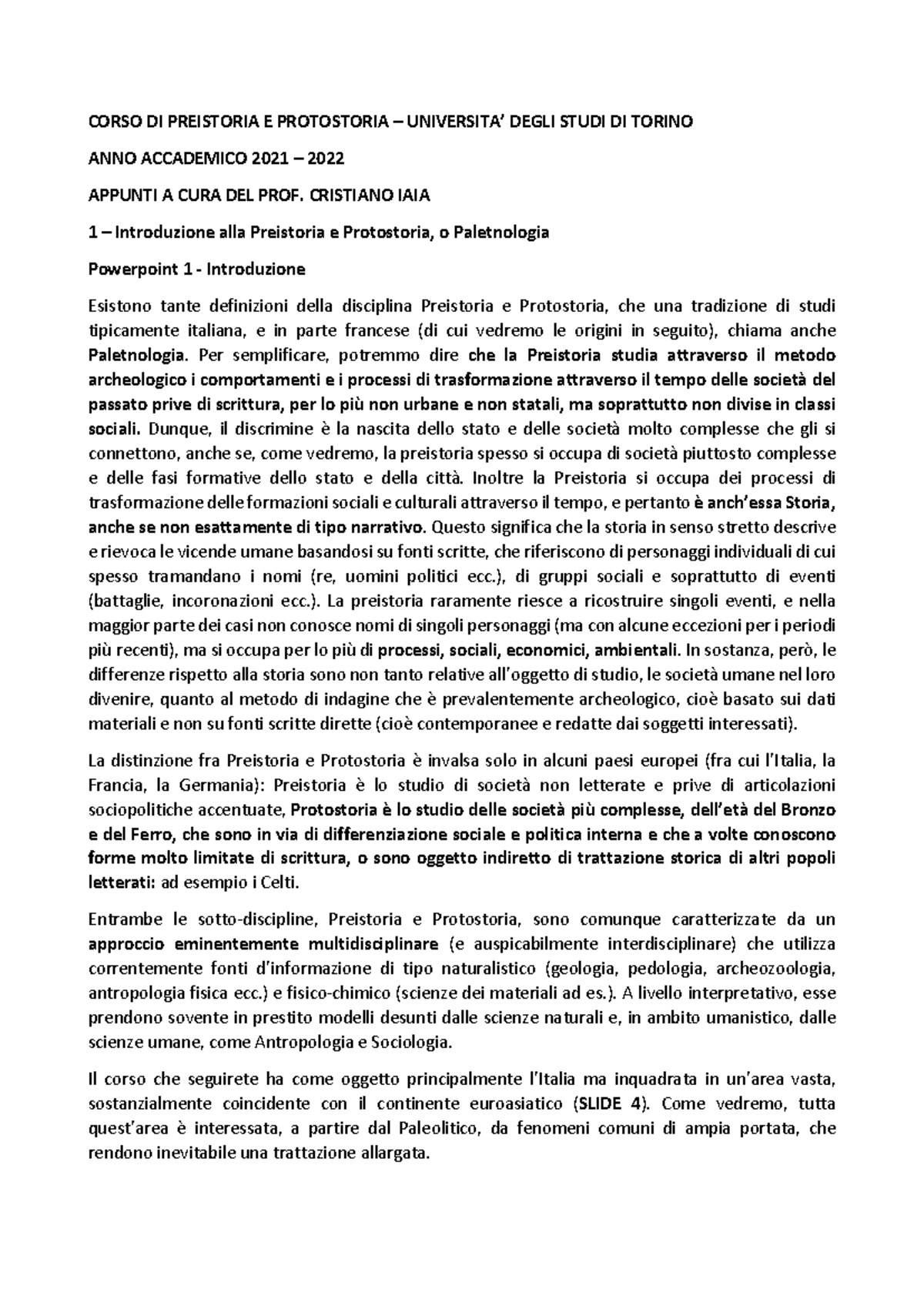 Appunti Corso Preistoria e Protostoria - Introduzione e Metodi di ...