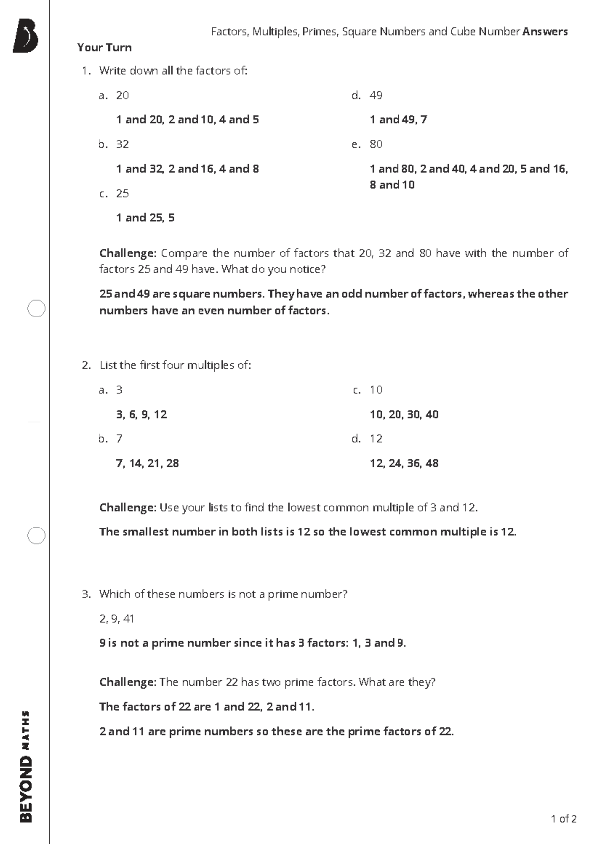 Factors, Multiples, Primes & Squares - Answers for Your Turn 1 - Studocu