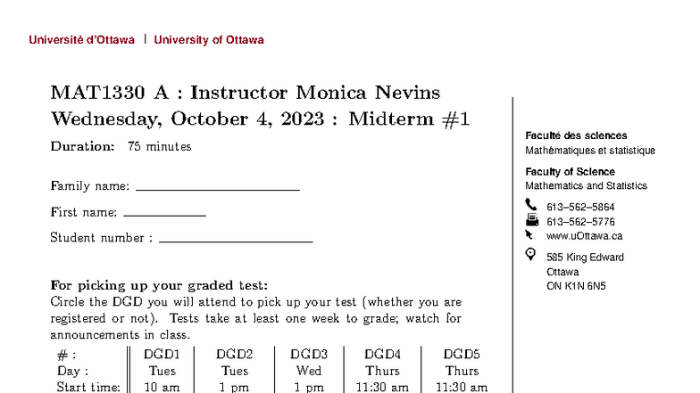 MAT1330 A: Midterm Exam Practice - University of Ottawa - Studocu