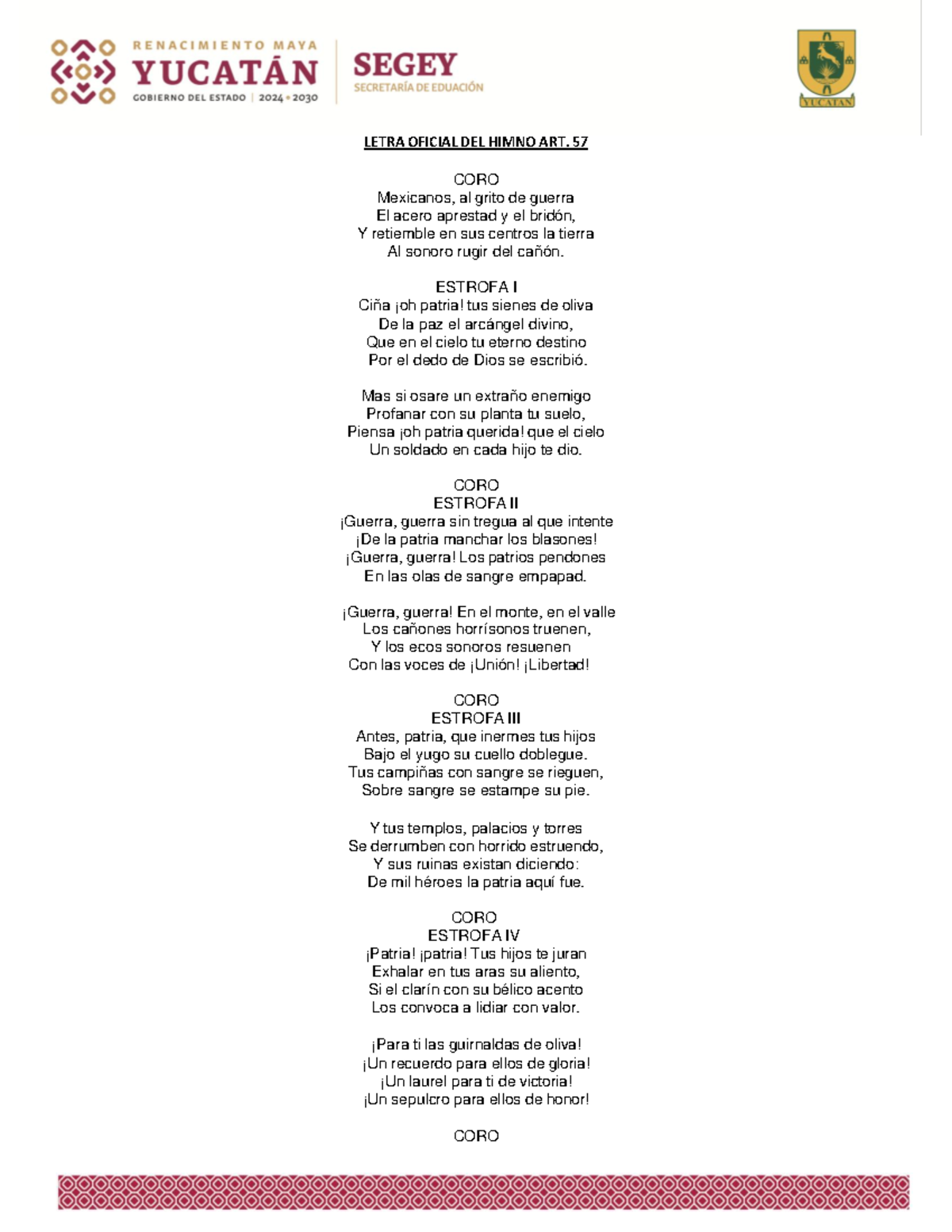 LETRA OFICIAL DEL HIMNO NACIONAL MEXICANO - ART. 57 CORO Y ESTROFAS - Studocu