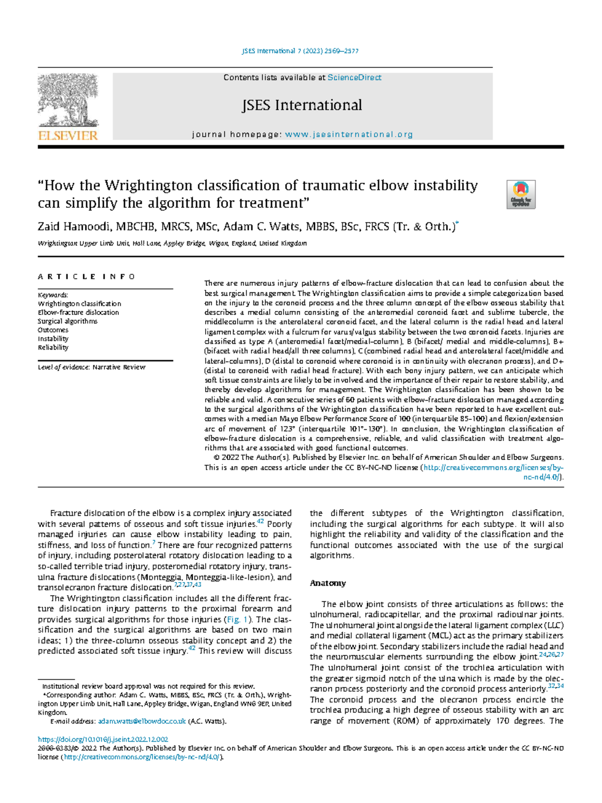 Wrightington Classification of Elbow Instability: A Narrative Review ...