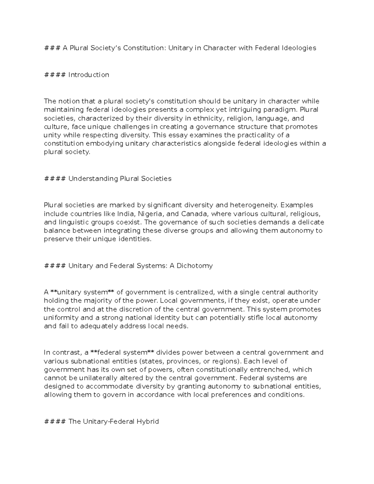 A Plural Society's Constitution: Uniting Diversity with Federal Ideals ...