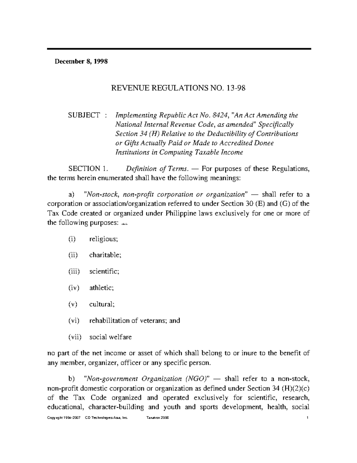 BIR RR 13-98: Implementing Guidelines for Contributions to NGOs - Studocu