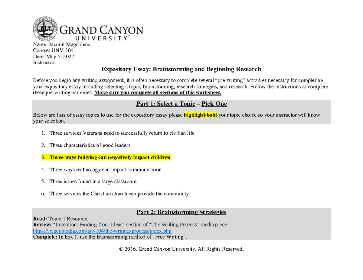 UNV104 - Expository Essay: Brainstorming & Research Strategies ...