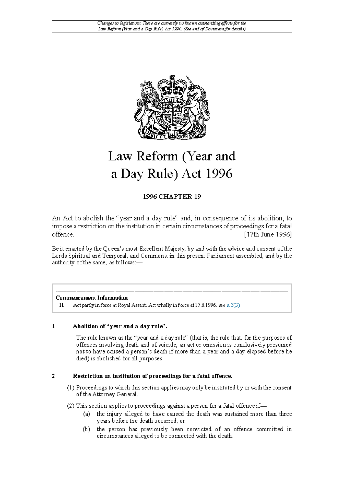 Law Reform (Year and a Day Rule) Act 1996: Key Changes Explained - Studocu
