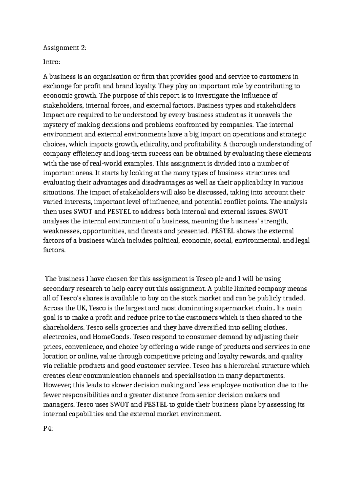 Assignment 2: Business Analysis of Tesco plc Using SWOT and PESTEL ...
