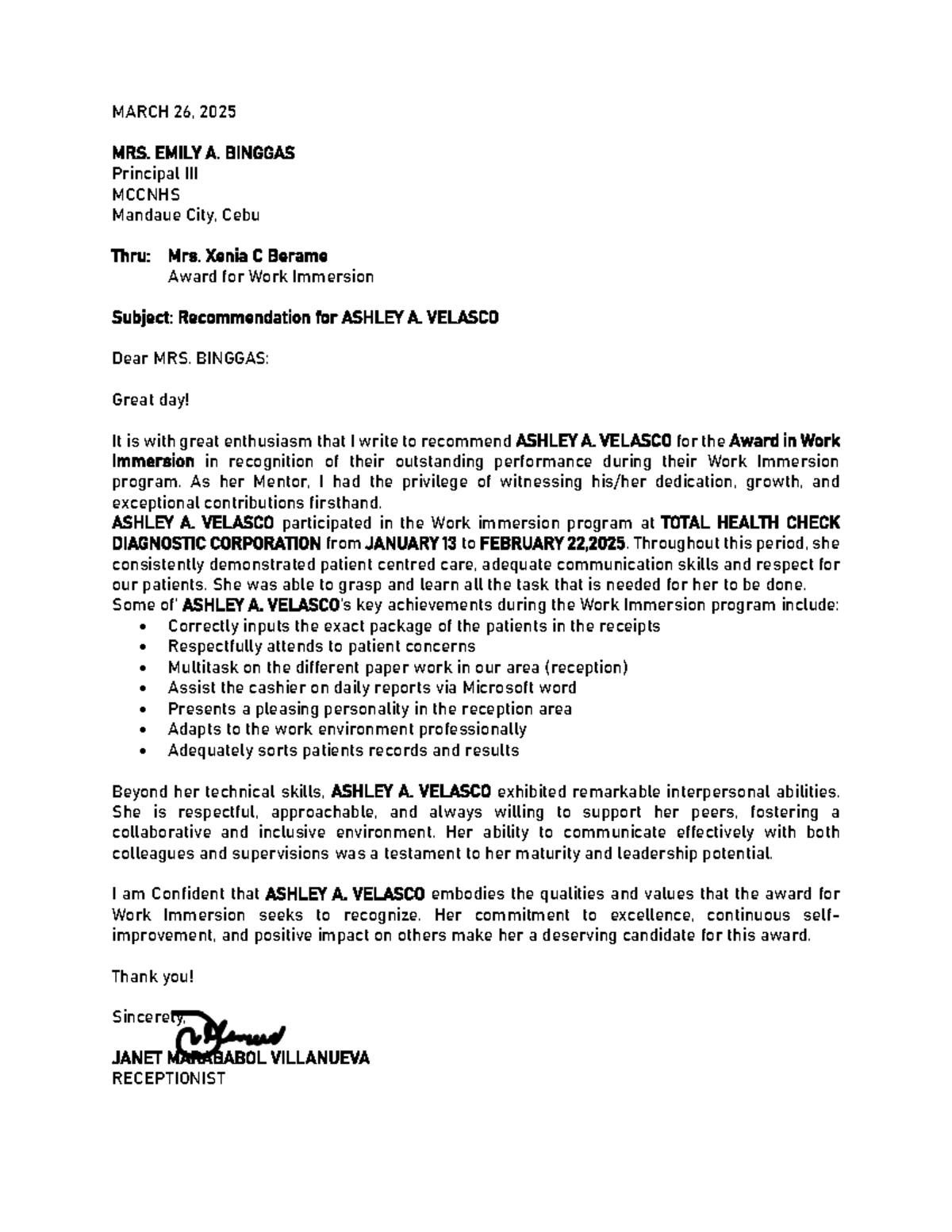 Endorsement Letter for ASHLEY A. VELASCO - Work Immersion Award - Studocu