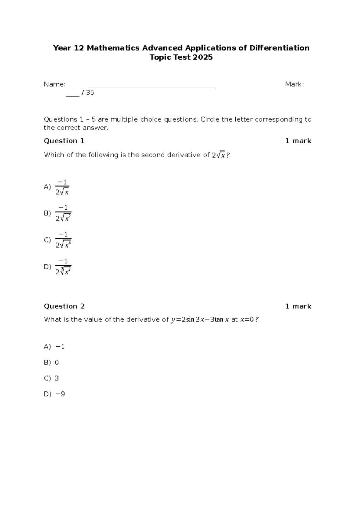 Year 12 Math Adv: Applications of Differentiation Topic Test 2025 - Studocu