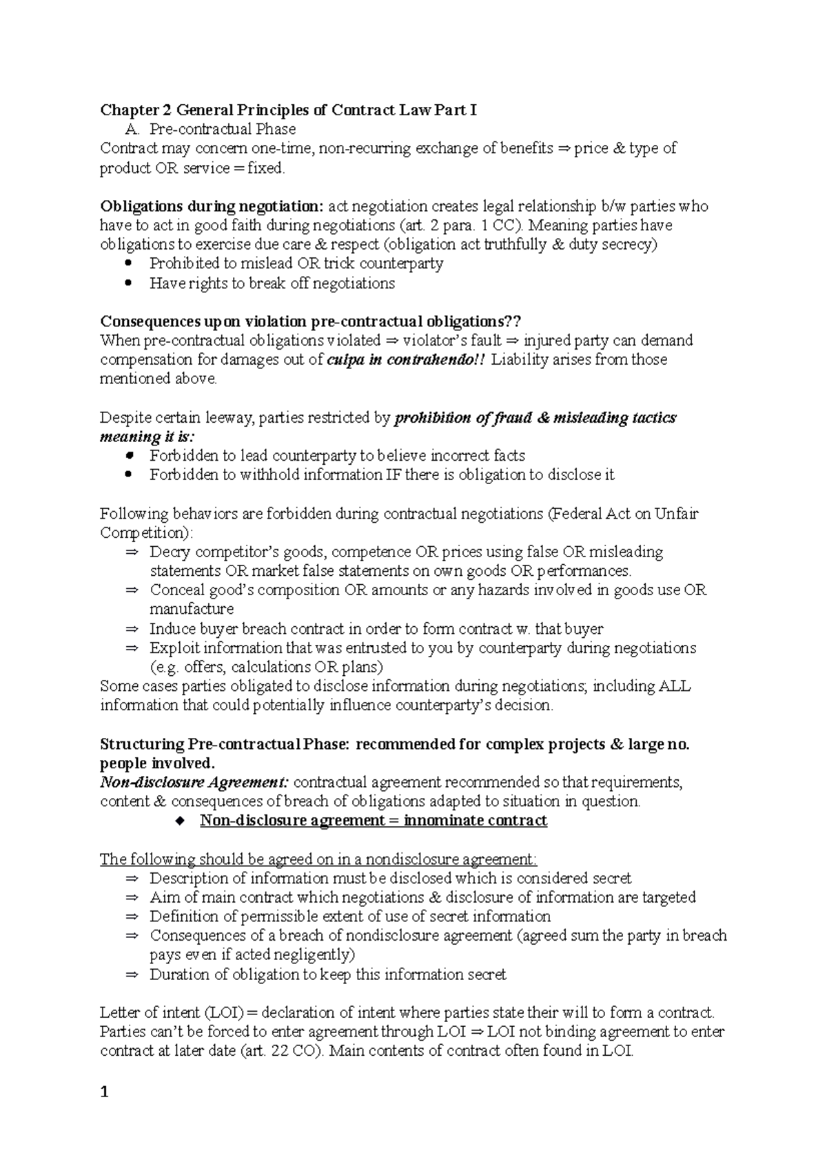 Chapter 2: General Principles of Contract Law (Part I) Overview - Studocu