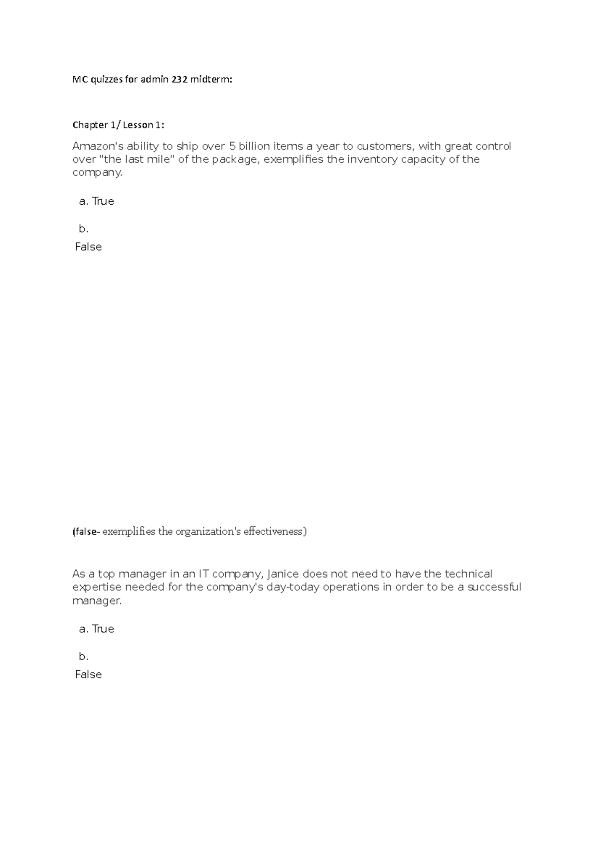 Midterm admin 232 MC questions mindmap - MC quizzes for admin 232 midterm: Chapter 1/ Lesson 1 ...