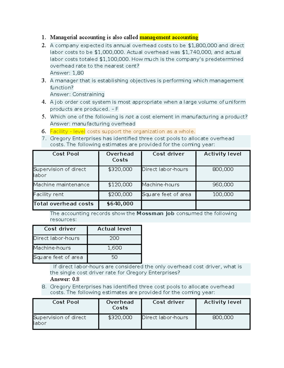 Managerial Accounting Concepts and Overhead Cost Allocation - ACC 101 ...